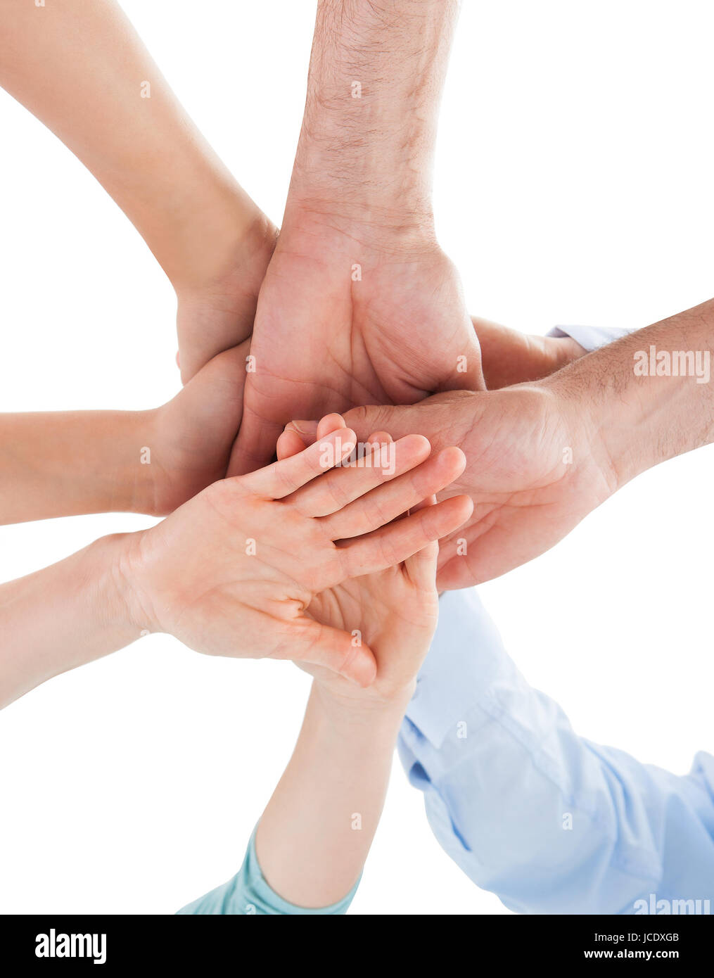 Close-up Of Hand Stacked Over Each Other On White Background Stock ...