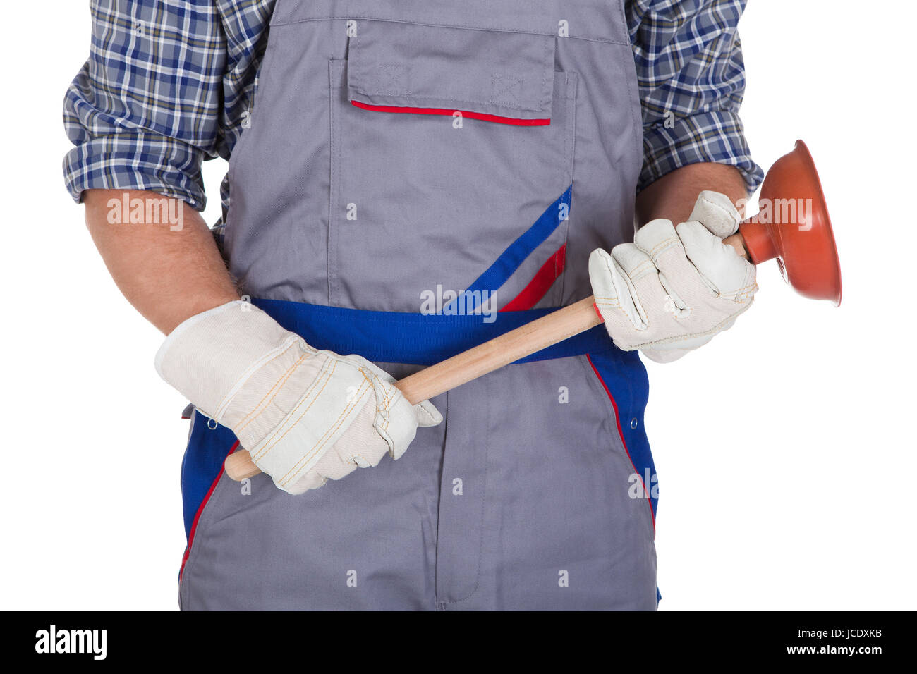 Portrait Of Male Plumber Holding Plunger isolated Over White Background ...