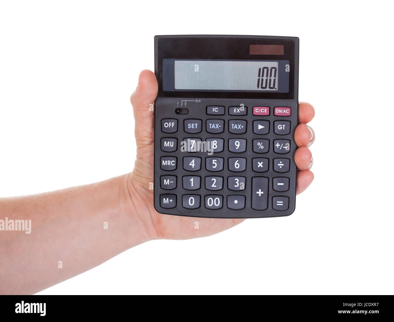 Close-up Of Male Hand Holding Calculator Over White Background Stock ...