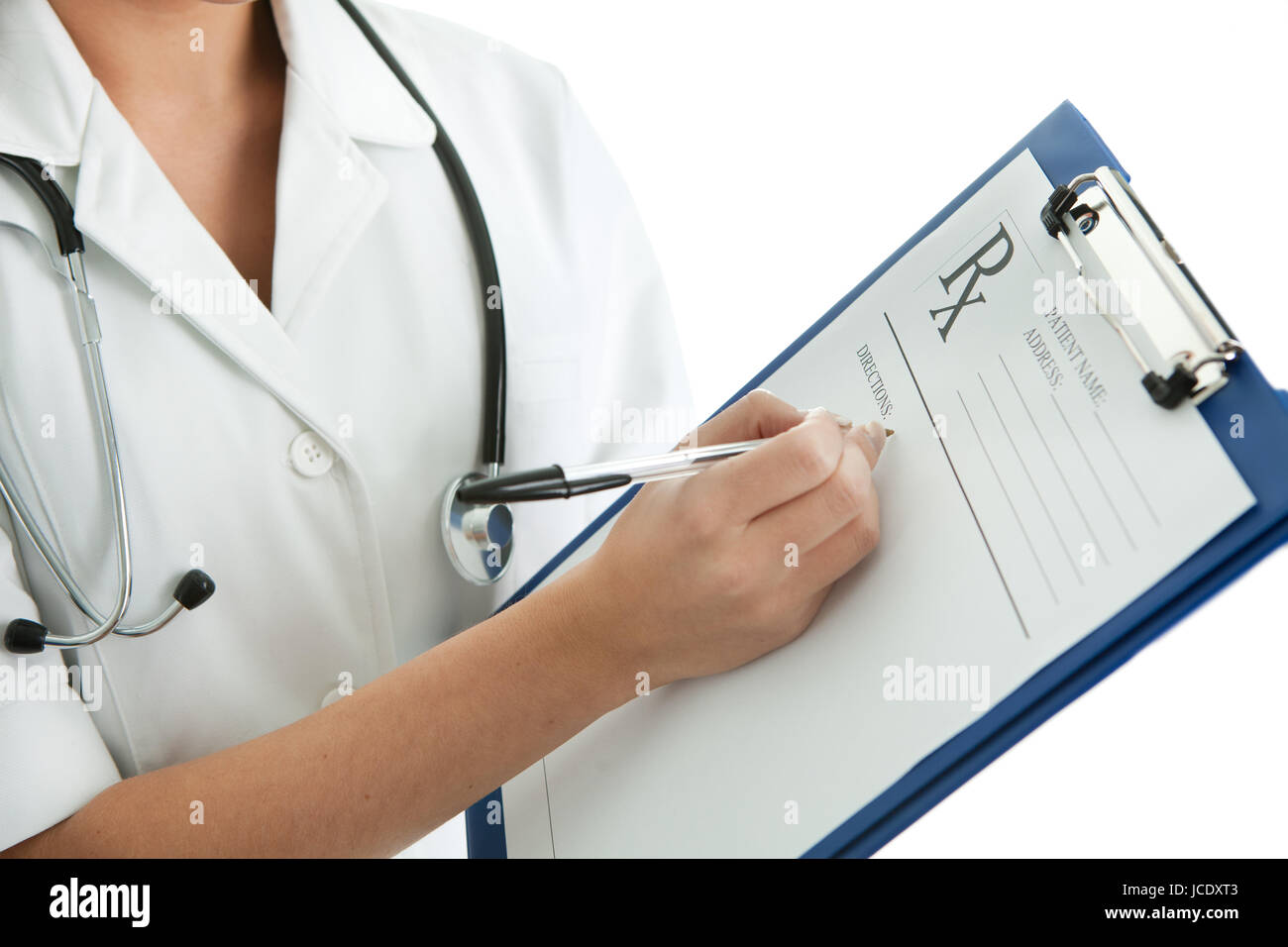 Cheerful medical doctor woman filling out prescription. Isolated on ...