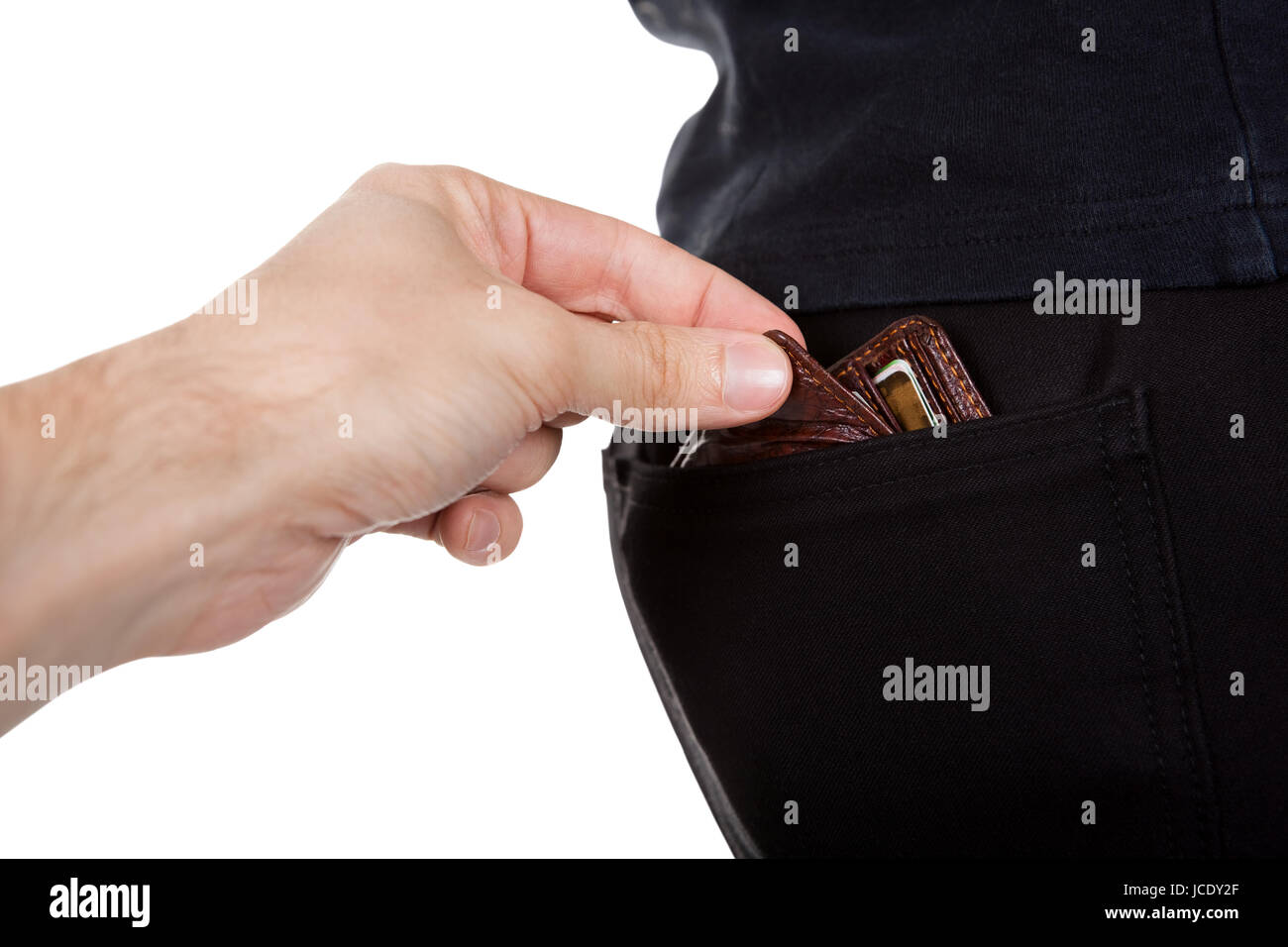 Hand of a male pickpocket stretching out stealing a mans wallet from ...