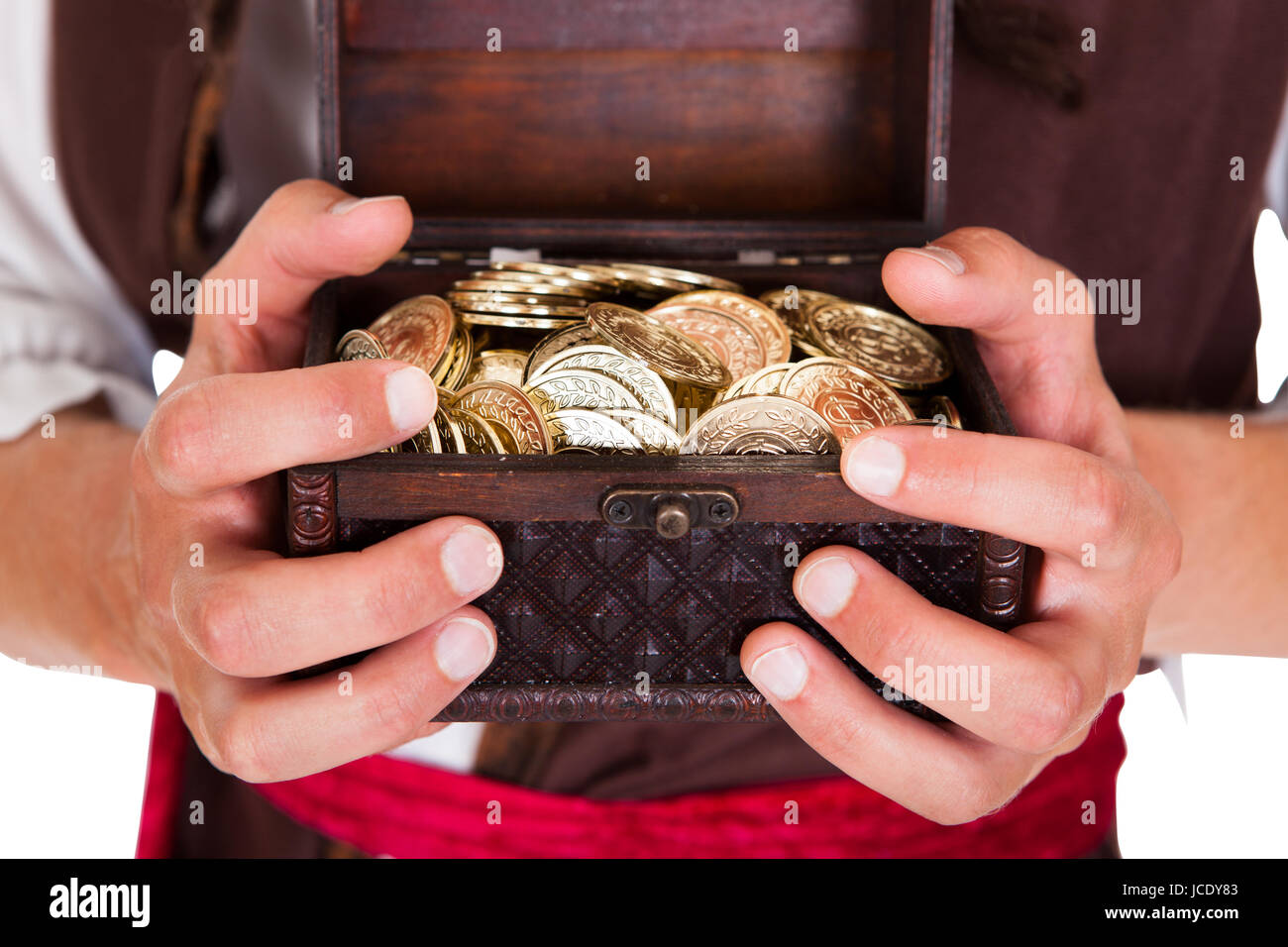 Happy Young Pirate Holding Treasure Box Over White Background Stock ...