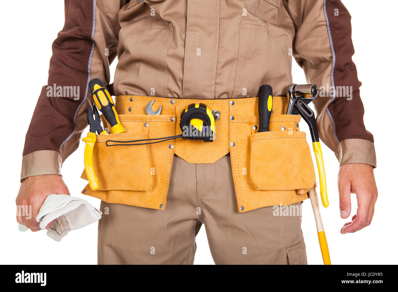 Closeup on the tool belt of worker on white background Stock Photo - Alamy
