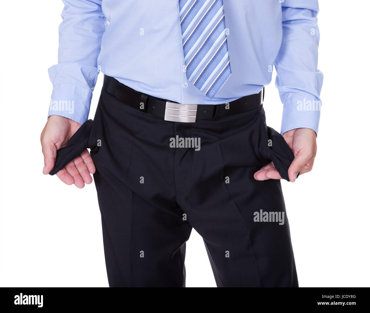 Businessman Showing Empty Pockets On White Backgrounds Stock Photo - Alamy