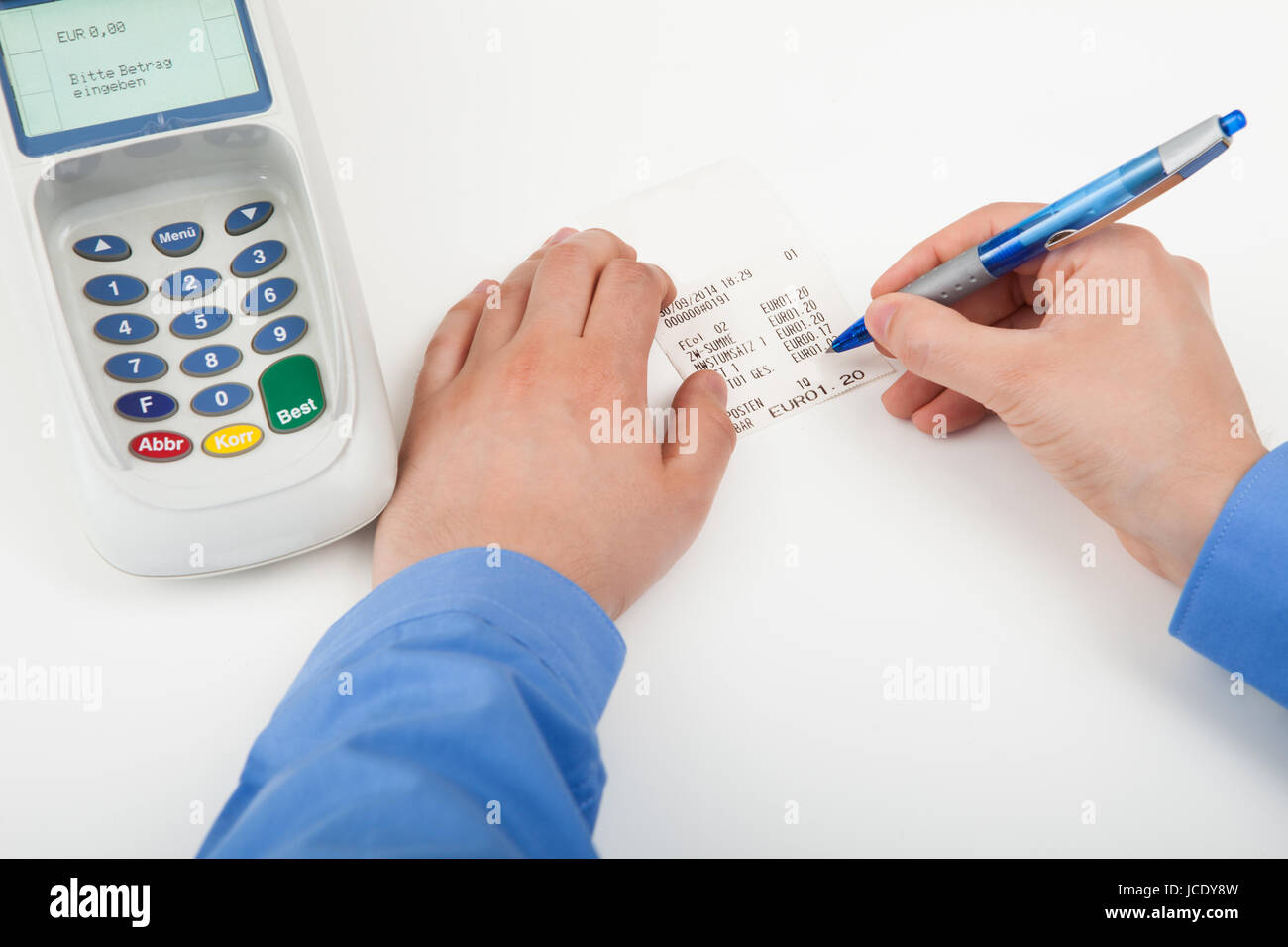 Close-up Of Hand Preparing Receipt Isolated Over White Background Stock ...