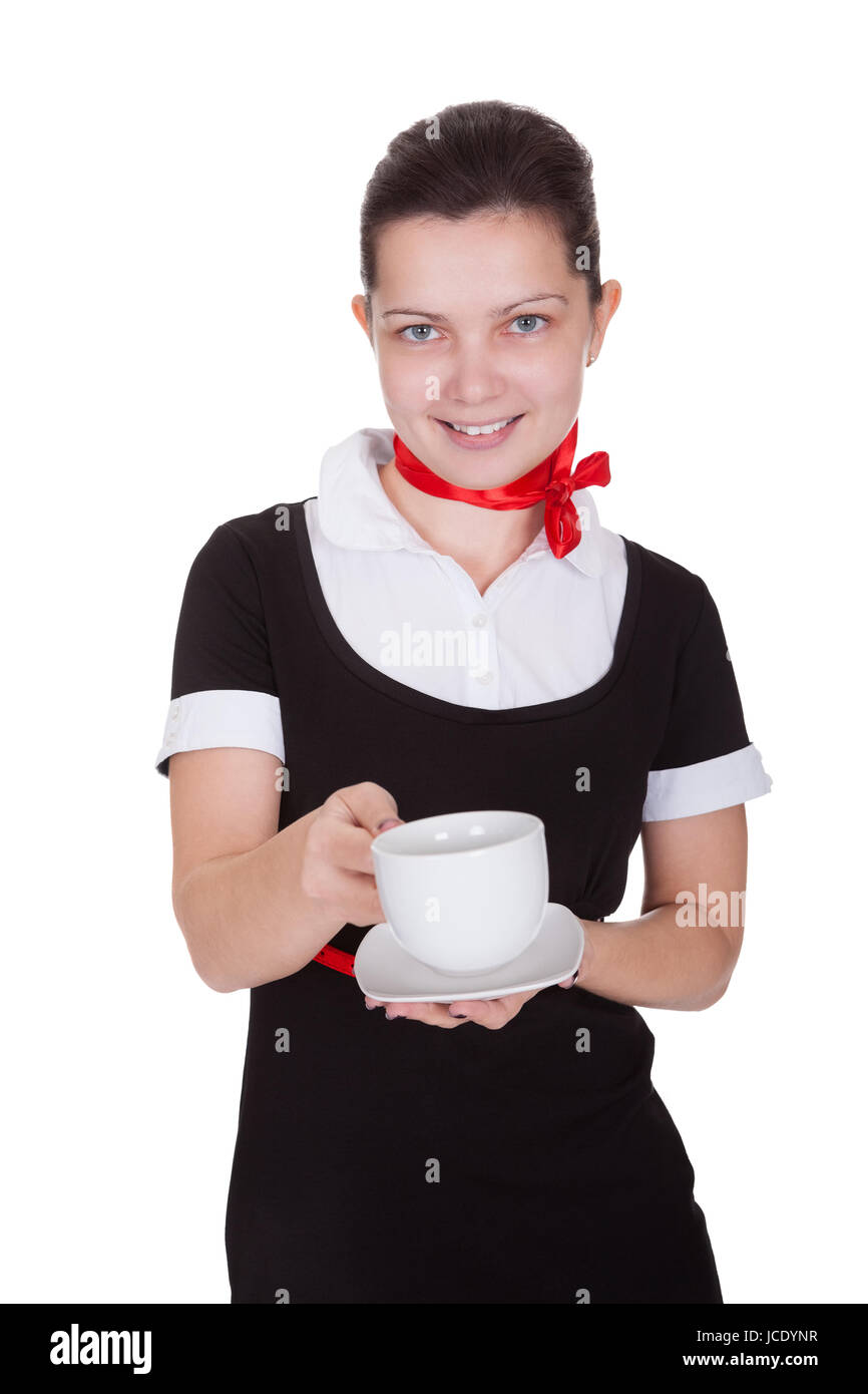 Pretty young flight attendant or hostess in a smart uniform isolated on ...