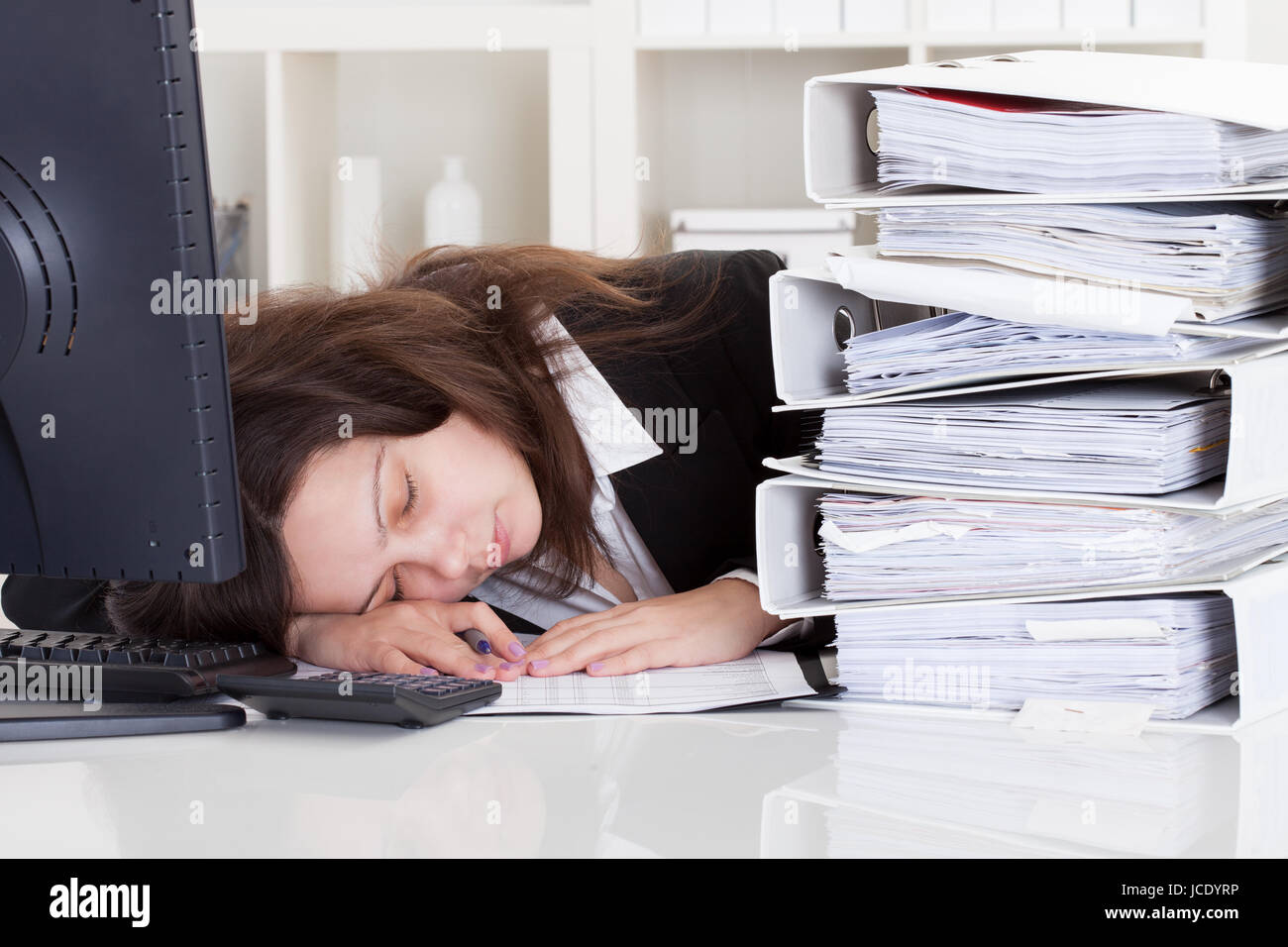 Stressed Businesswoman Sleeping In Office With Stack Of Folders Stock ... Stressed Businesswoman Sleeping In Office With Stack Of Folders Stock ...