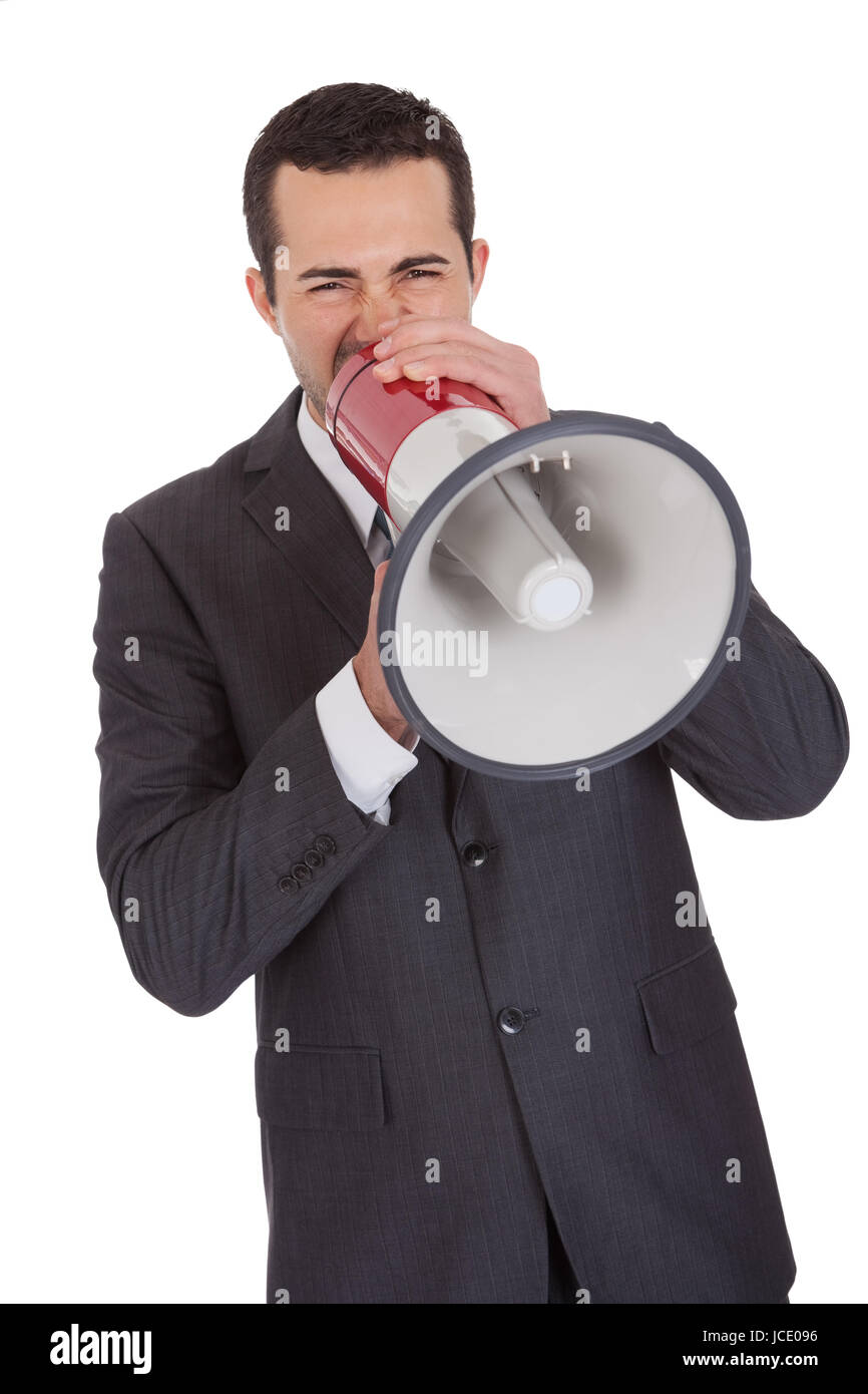 Businessman screaming in megaphone. Isolated on white Stock Photo - Alamy