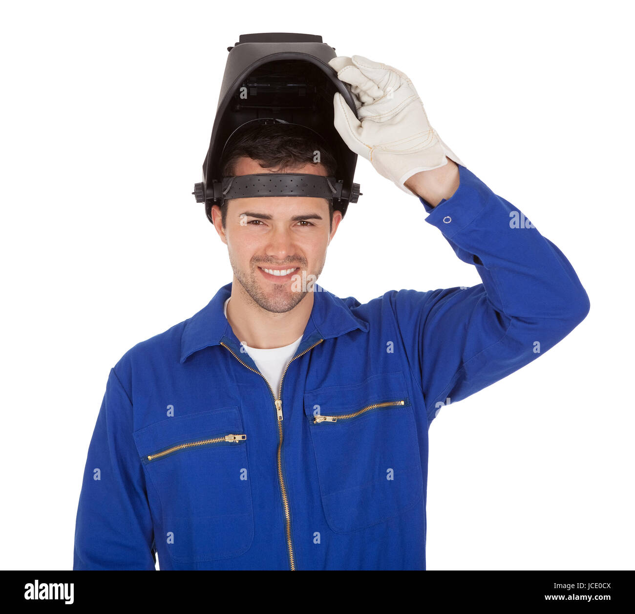 Portrait of confident young welder. Isolated on white Stock Photo - Alamy