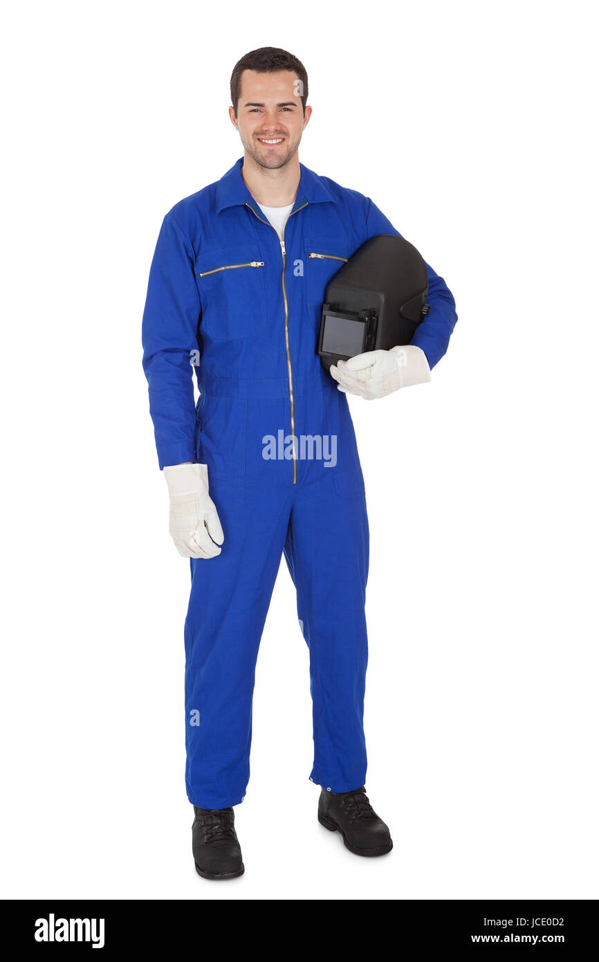 Portrait of confident young welder. Isolated on white Stock Photo - Alamy