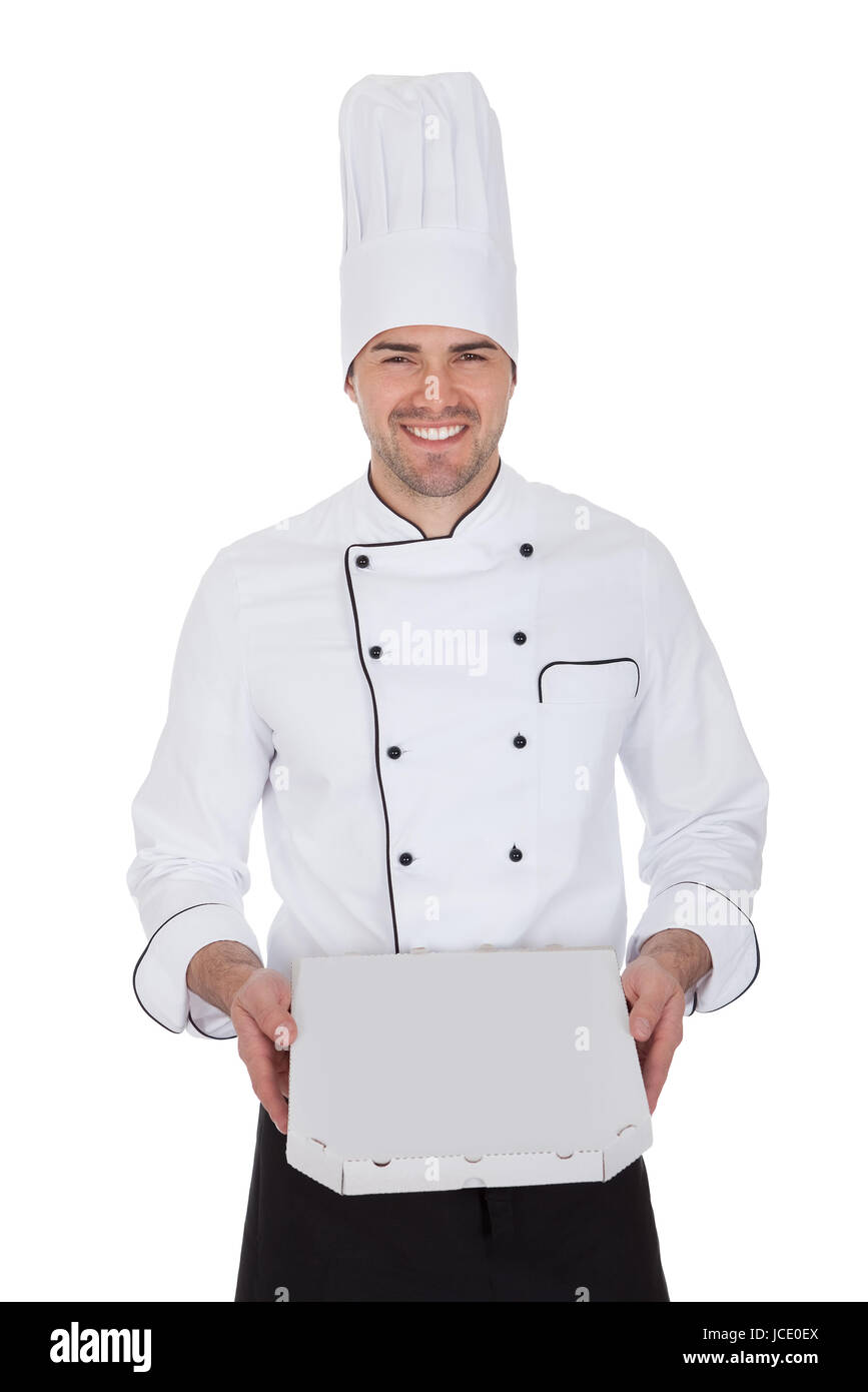 Portrait of happy chef holding pizza box. Isolated on white Stock Photo ...