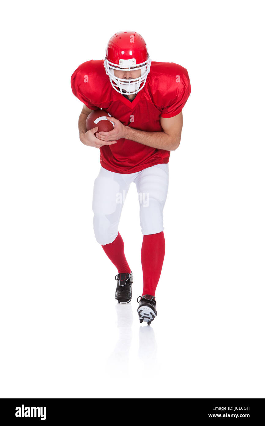 American Football player running with ball. Isolated on white Stock ...