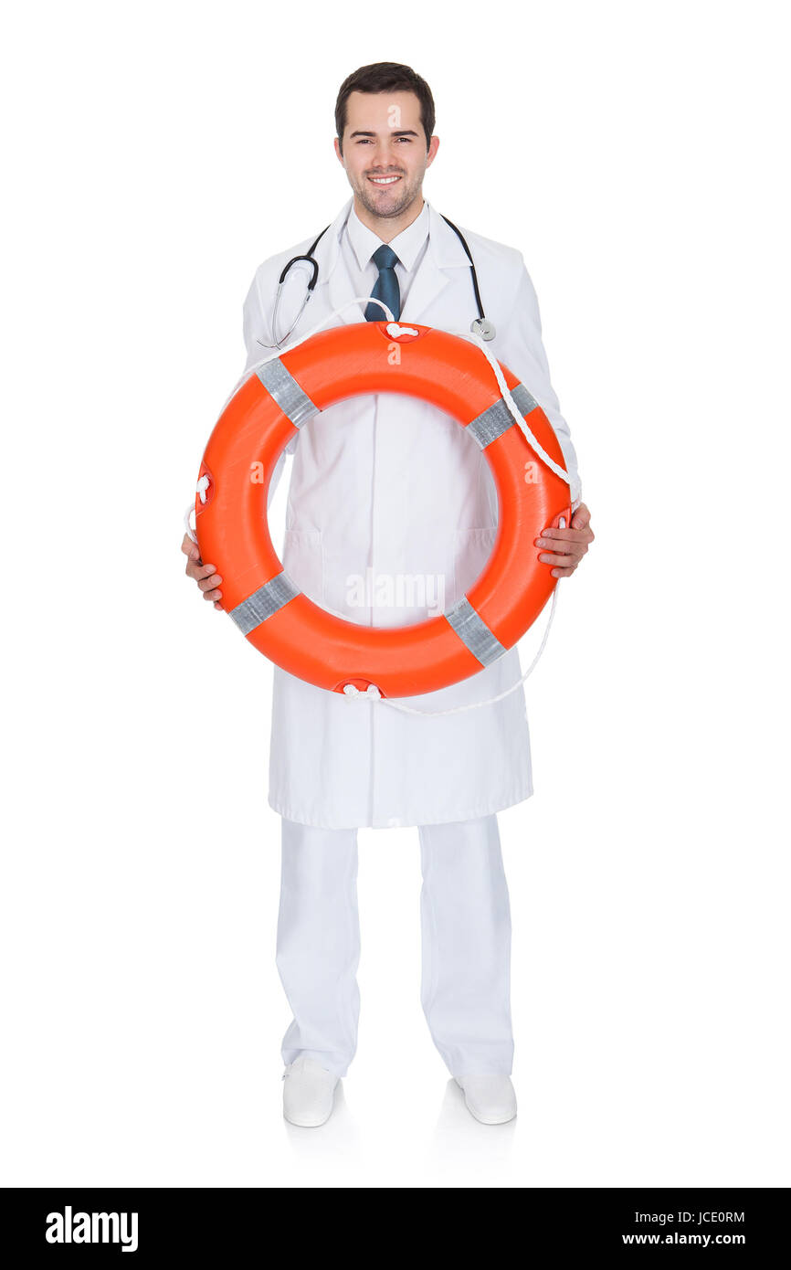 Smiling Male Doctor Holding Rescue Ring. Isolated On White Stock Photo ...