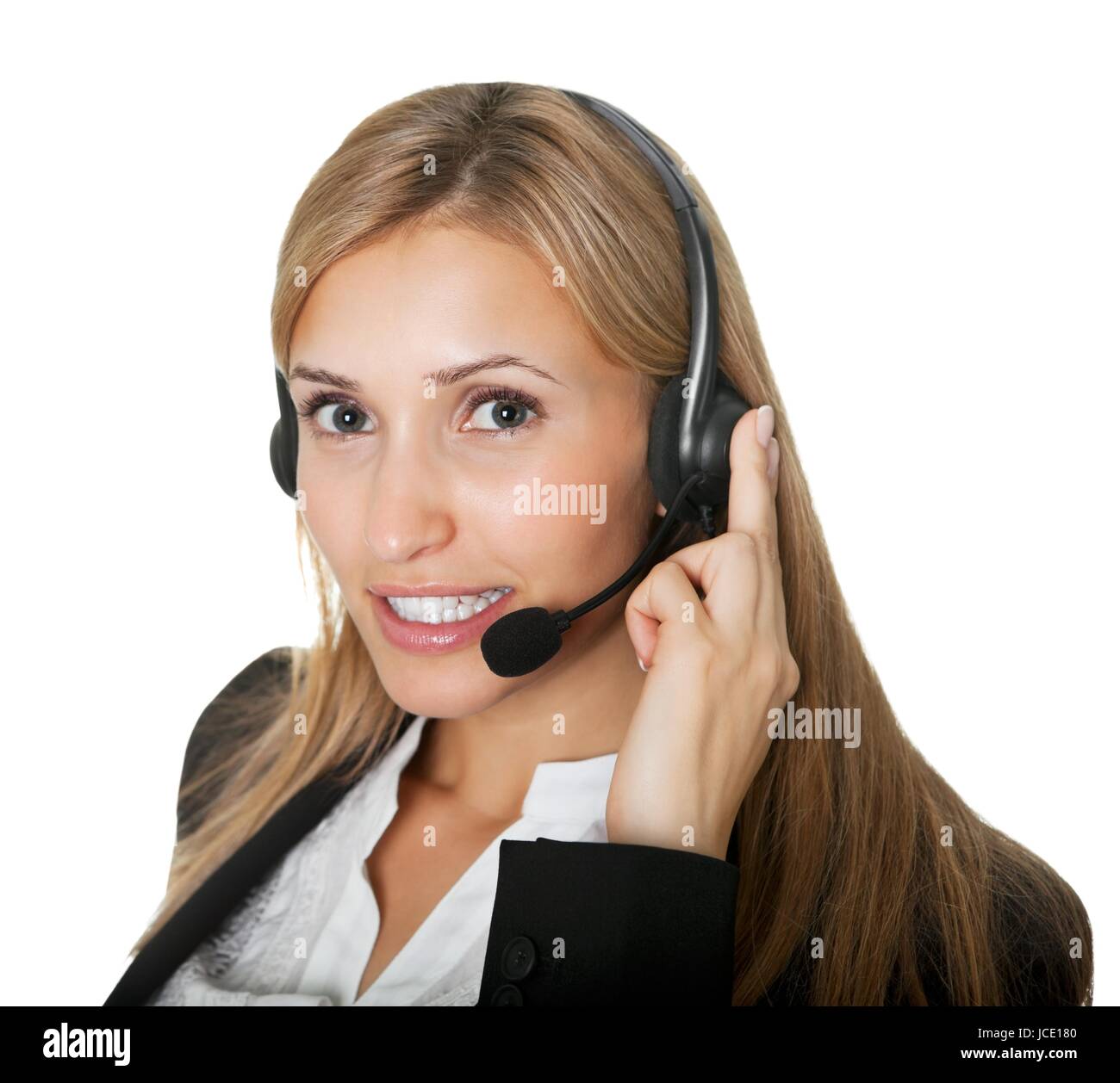 Portrait of successful young female call center executive at work on ...
