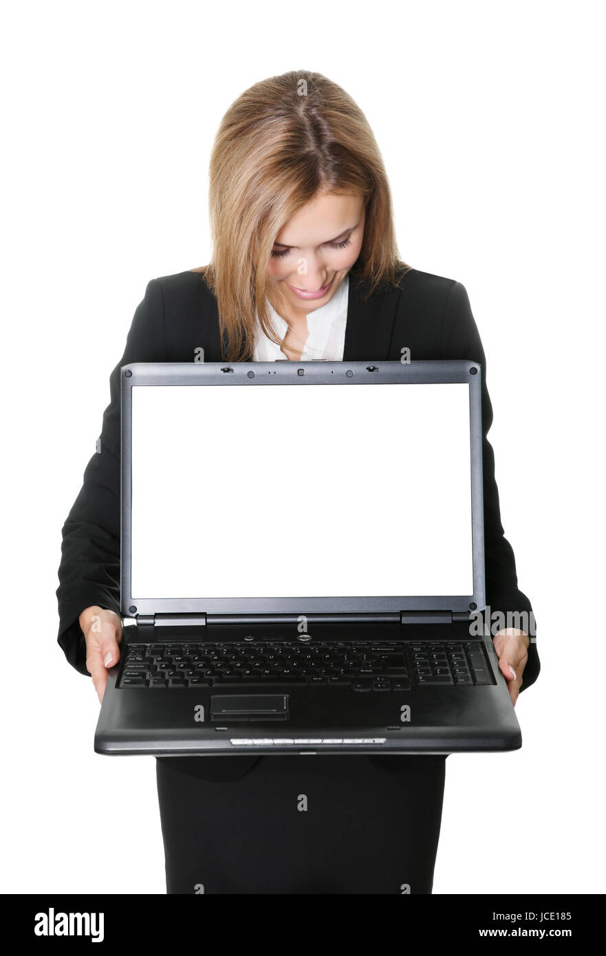 Business woman looking at laptop computer in her hand on white ...