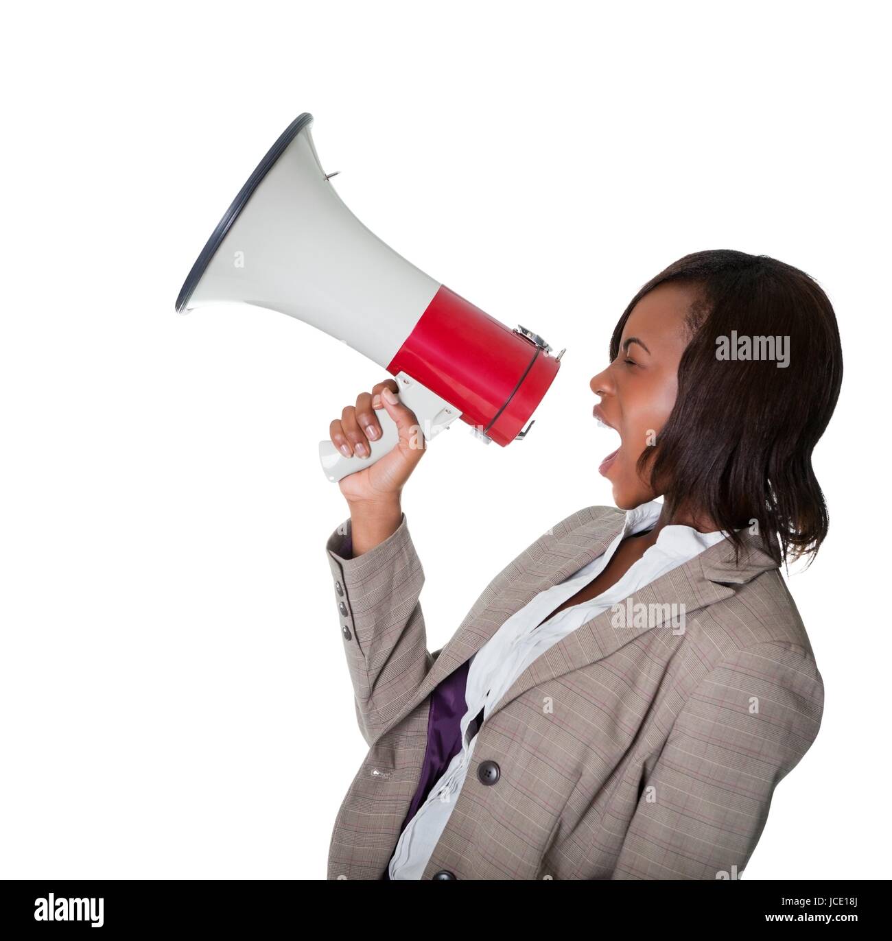 African American businesswoman screaming into a bullhorn isolated on ...