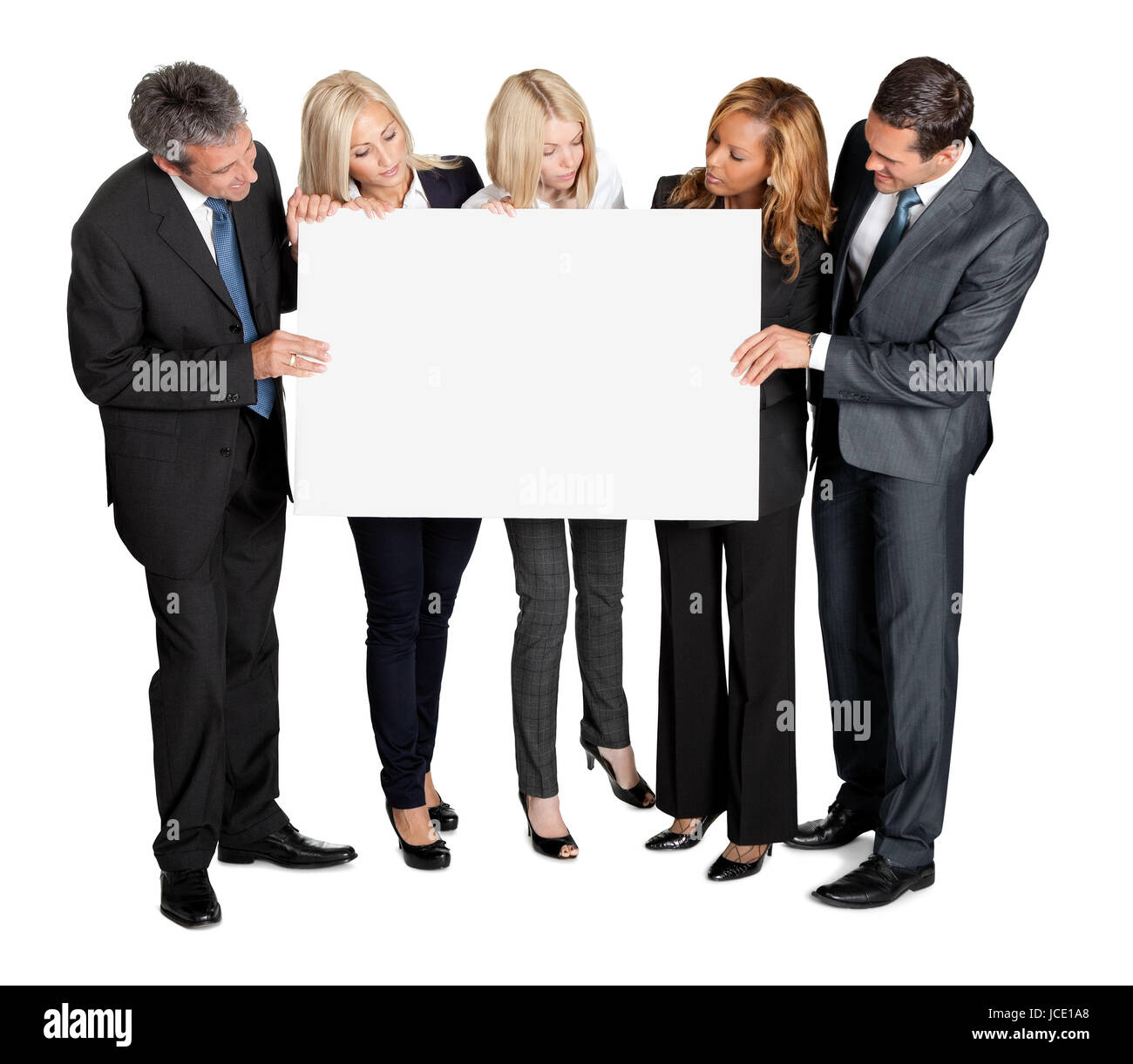 Business people looking at blank board in their hands on white ...