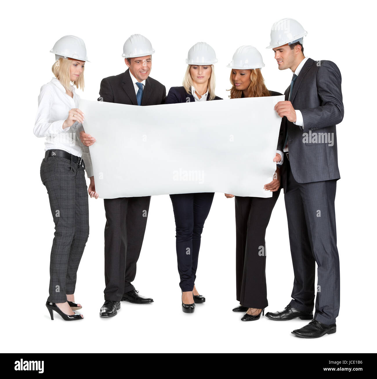 Group of experienced architects studying blueprints on white background ...