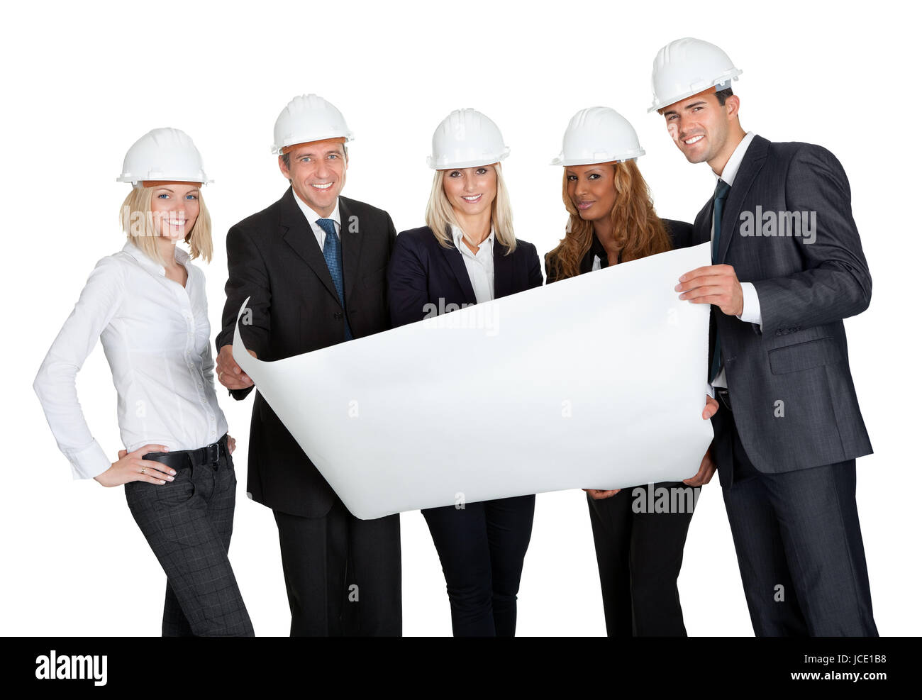 Successful construction workers with building plan isolated on white ...
