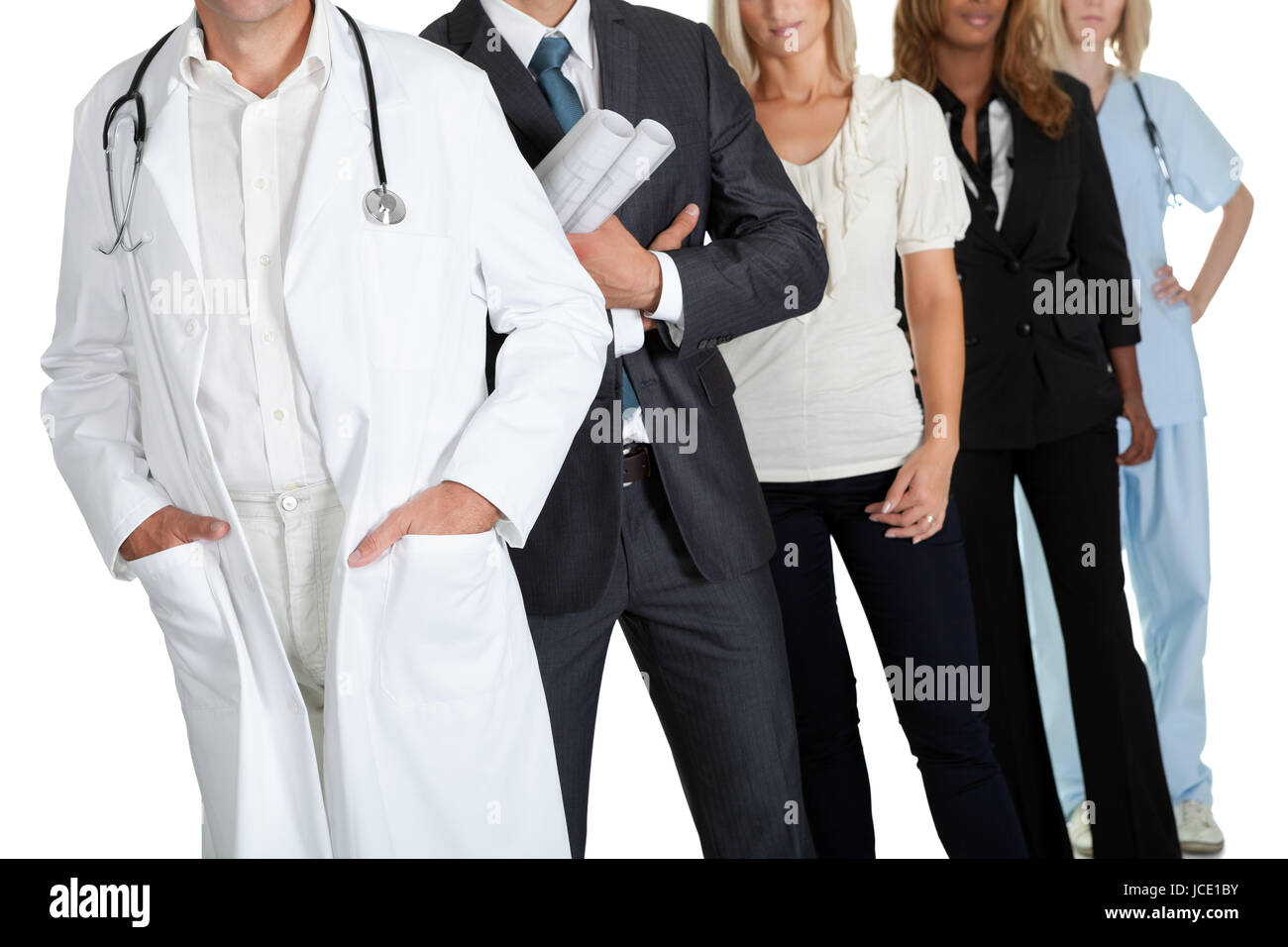 Cropped image of people with different occupations on white background ...
