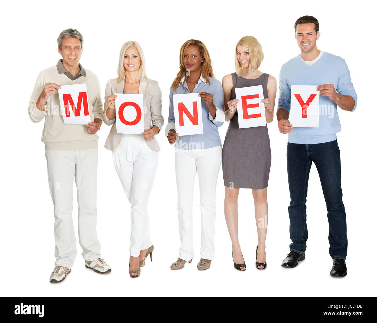 Casual group holding money sign board isolated on white background ...