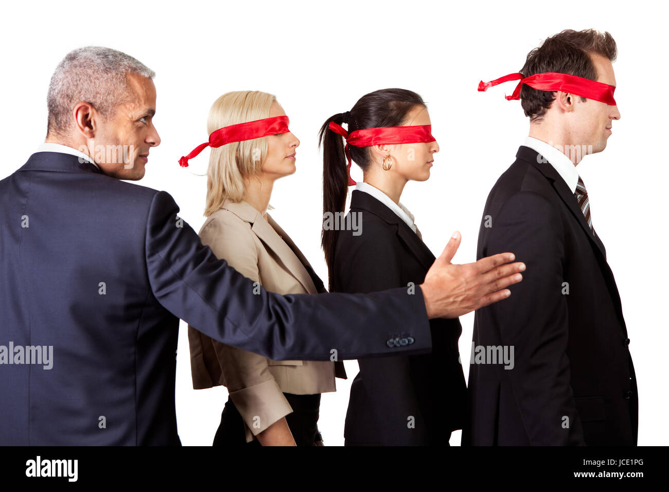 Businessman showing the way for group of disoriented businesspeople ...