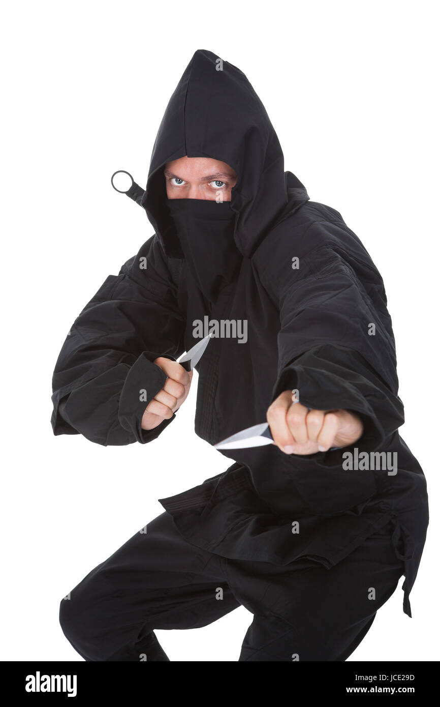 Portrait Of Male Ninja In Black Costume Isolated Over White Background ...