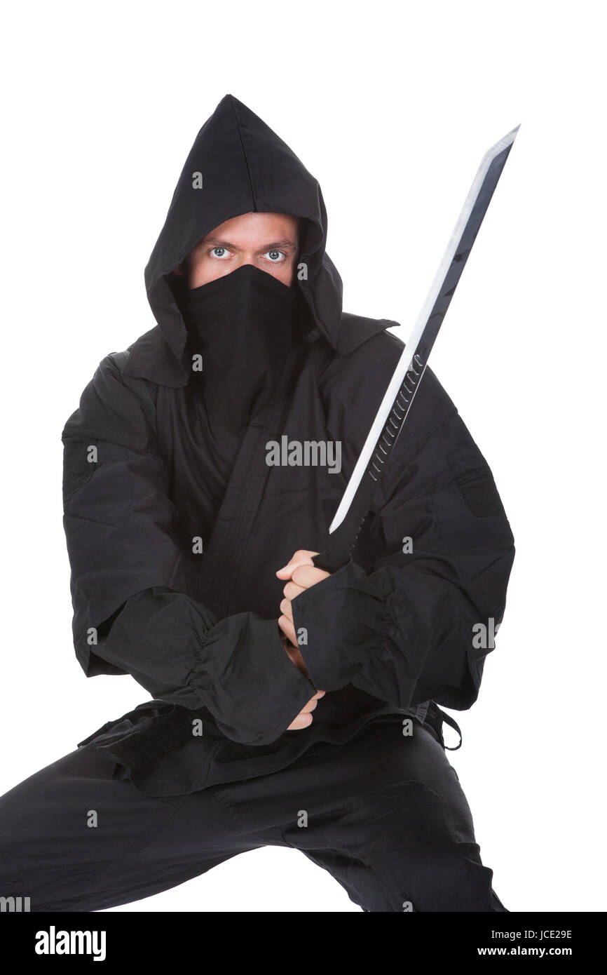Portrait Of Male Ninja With Weapon Isolated Over White Background Stock ...