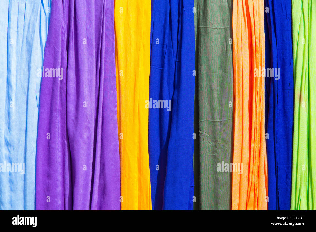 A variety of colored cloths and silks from Northern Africa. Morocco ...