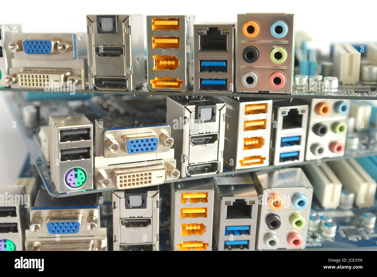 Interface plug-and-sockets of computer main boards. Shallow DOF Stock ...