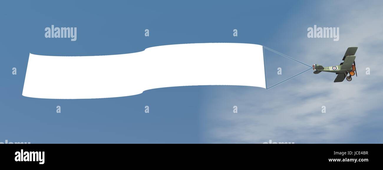 Biplane aircraft pulling advertisement banner in blue sky - 3D render ...