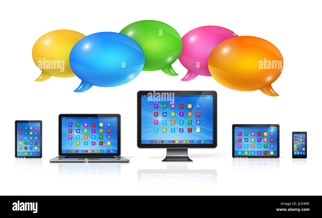 3D Speech bubbles and computers set. Communication and technology Stock ...