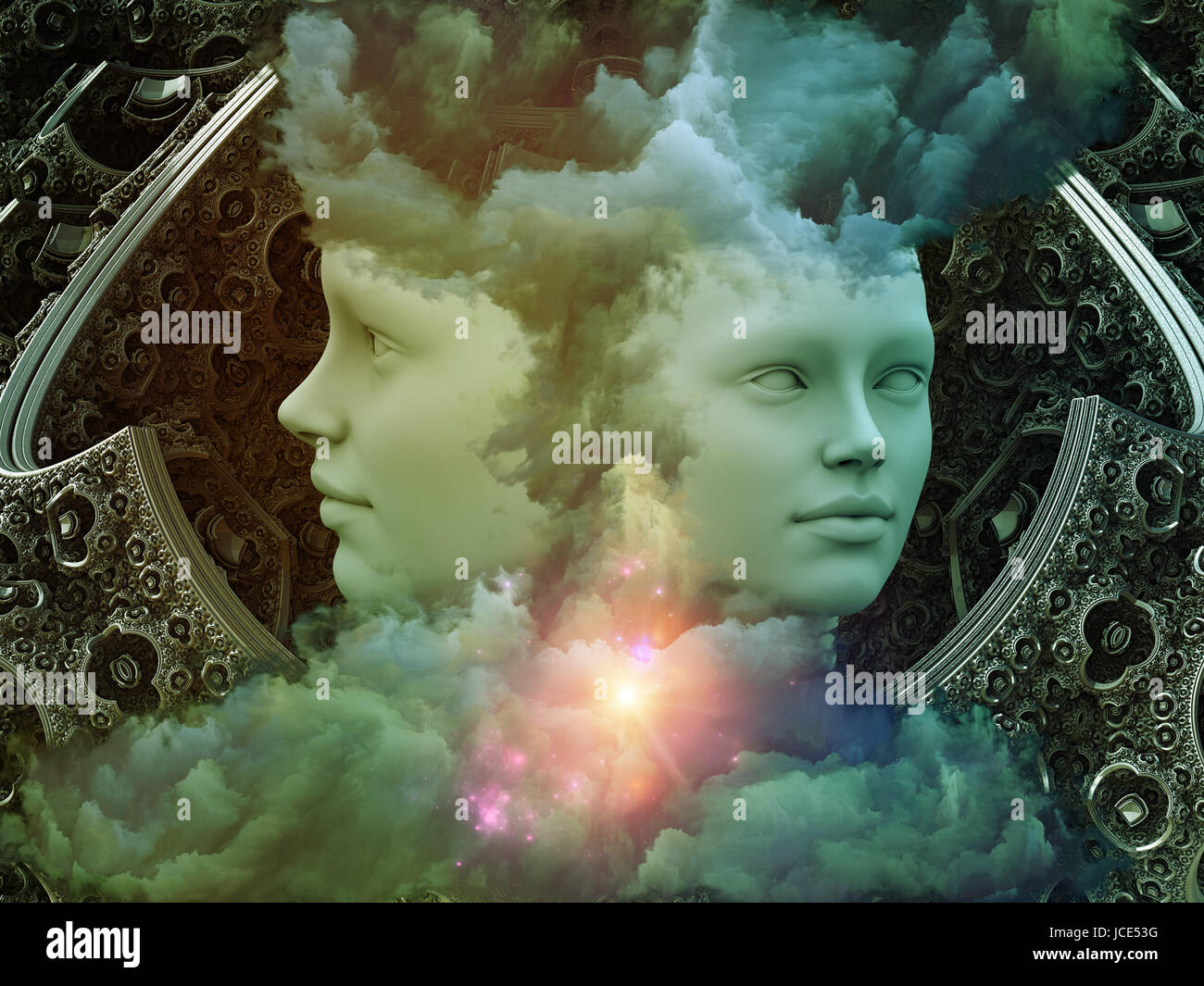 Dreaming Intellect series. Composition of human face and technological ...