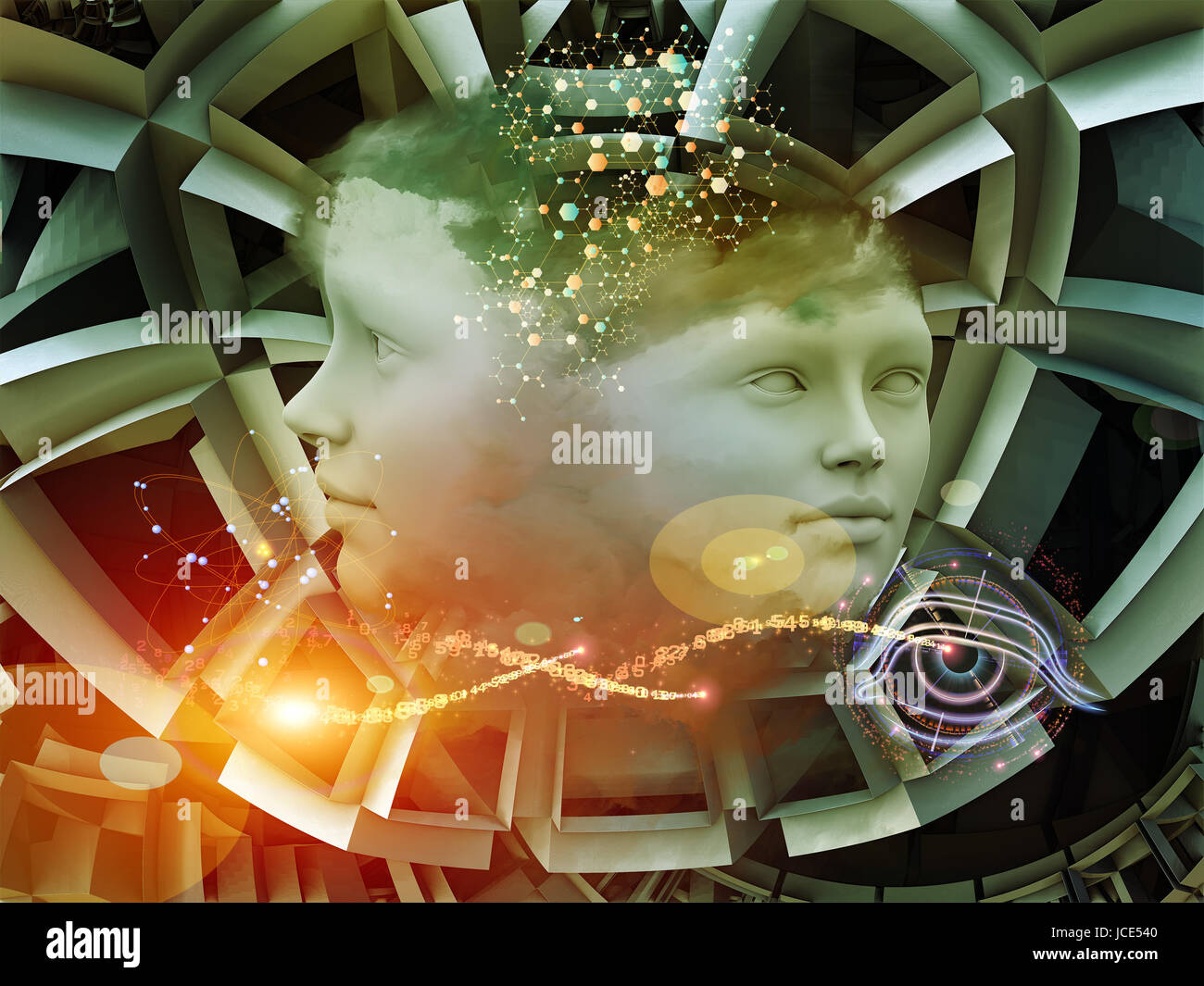 Dreaming Intellect series. Composition of human face and technological ...