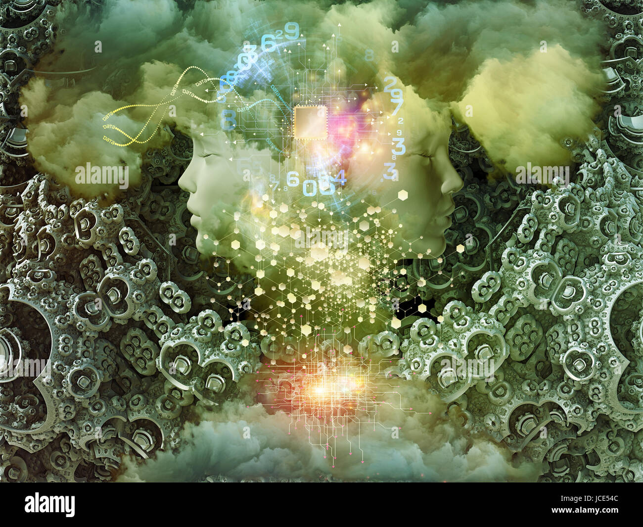 Dreaming Intellect series. Backdrop of human face and technological elements to complement your ...