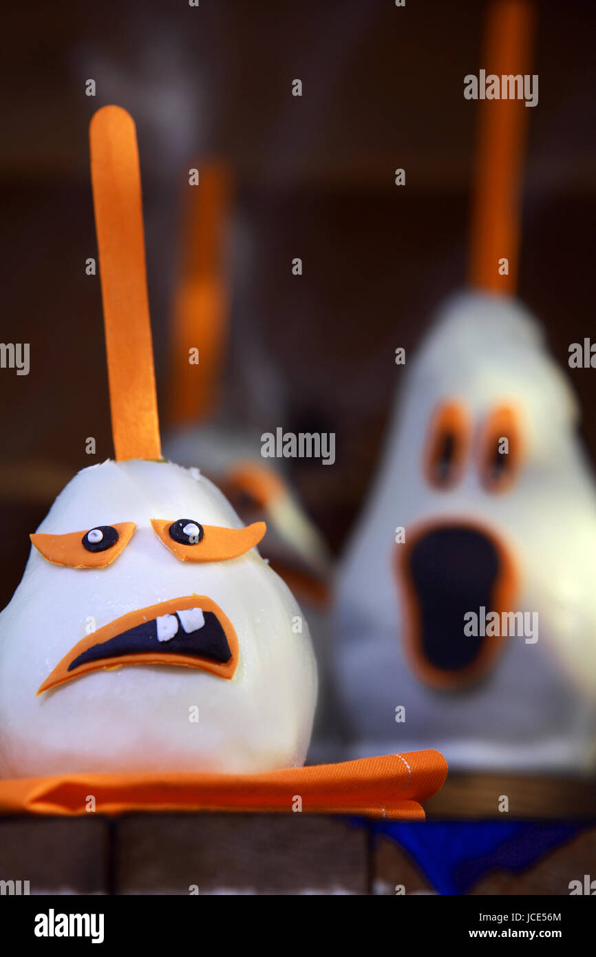 Scary edible pear Halloween decoration coated in white chocolate or ...