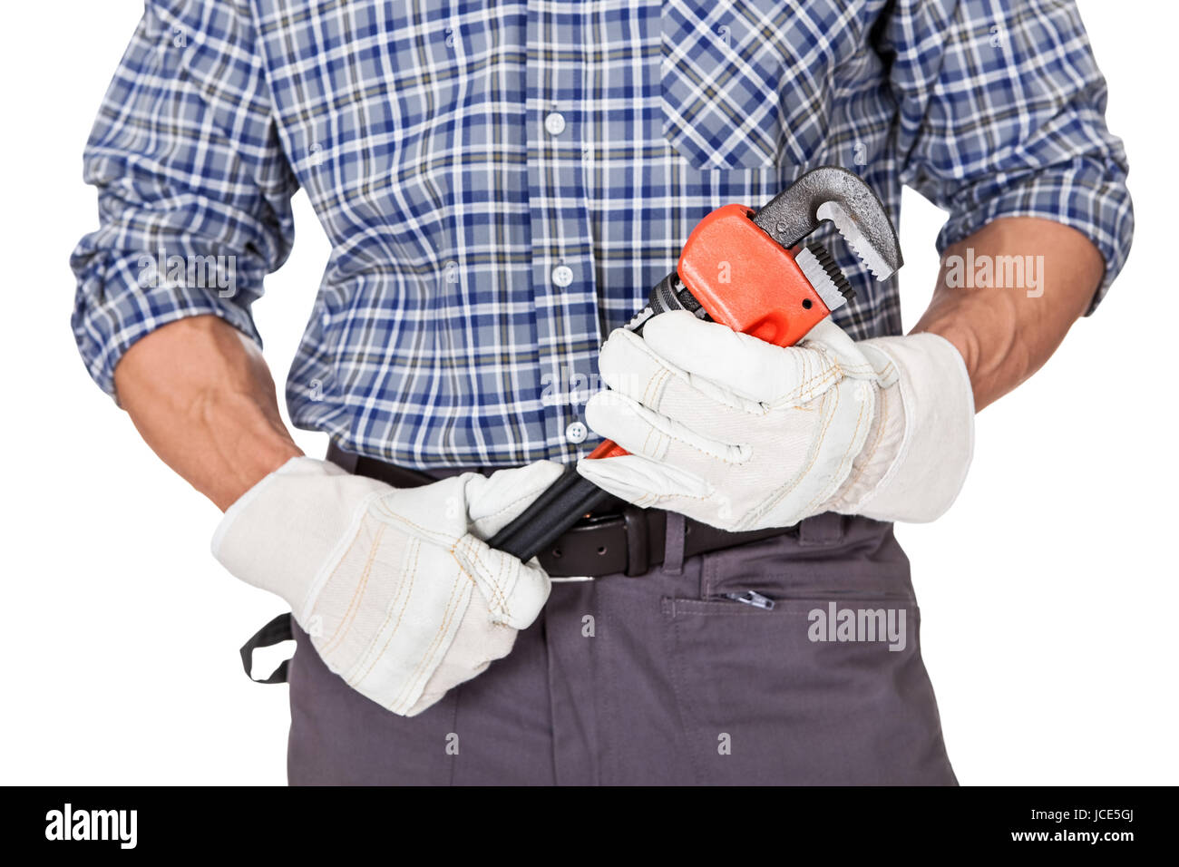 Portrait of happy worker. Isolated on white Stock Photo - Alamy