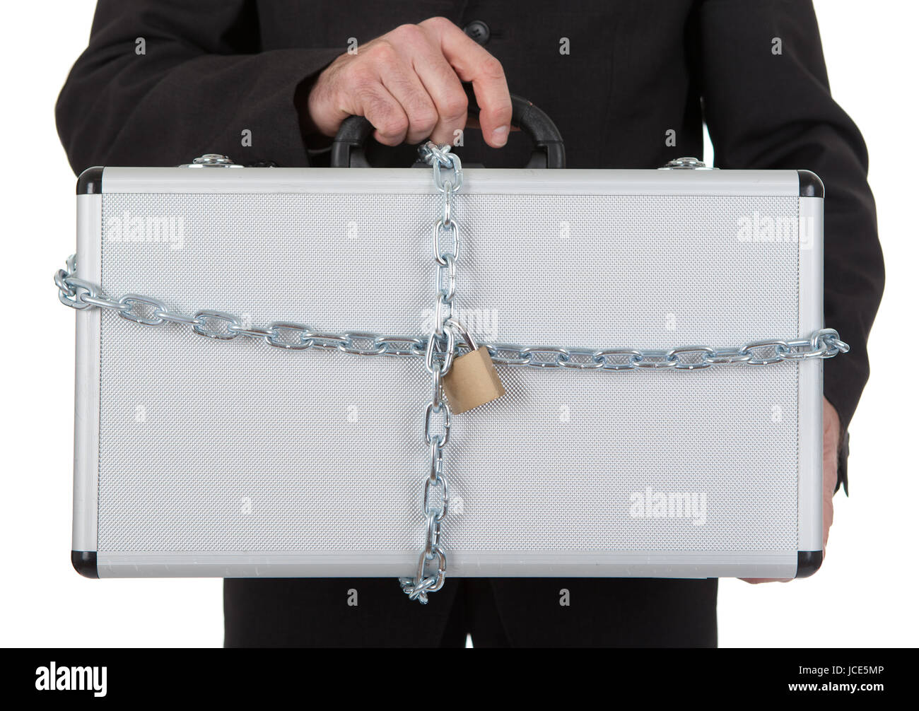 Businessman holding metal suitcase with chain and lock. Isolated on ...