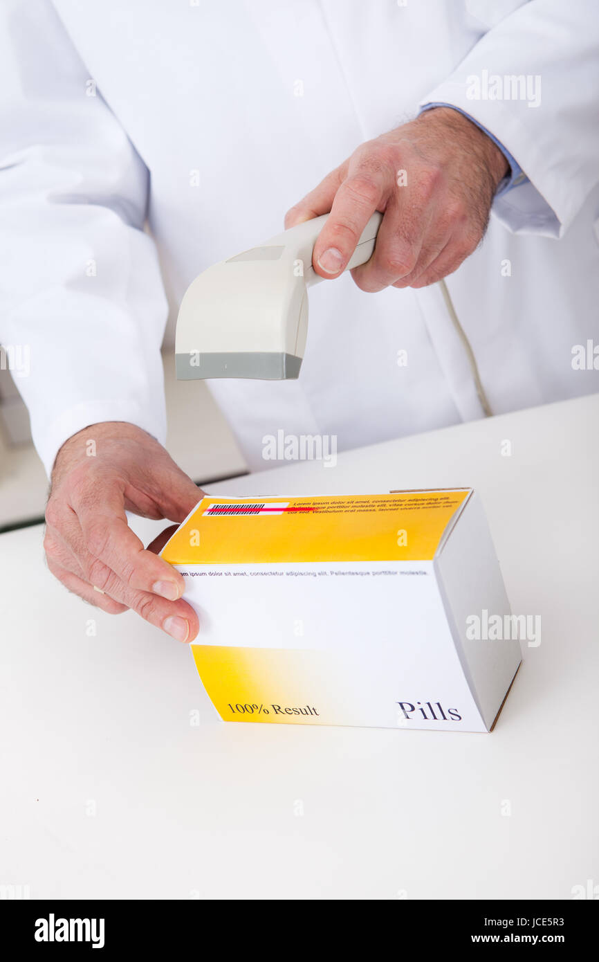 Pharmacist scanning barcode using scanner at drugstore Stock Photo - Alamy