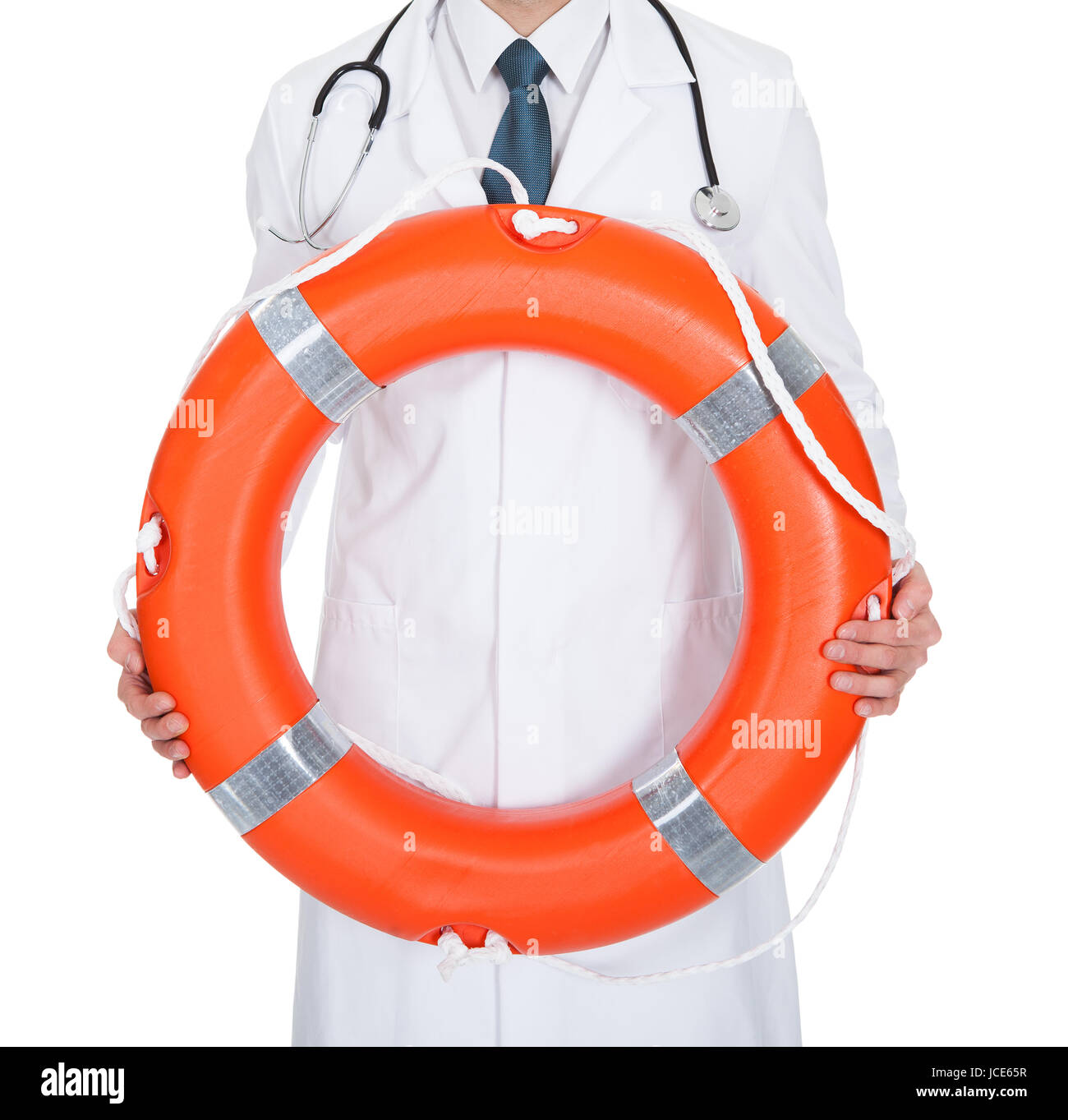 Smiling Male Doctor Holding Rescue Ring. Isolated On White Stock Photo ...