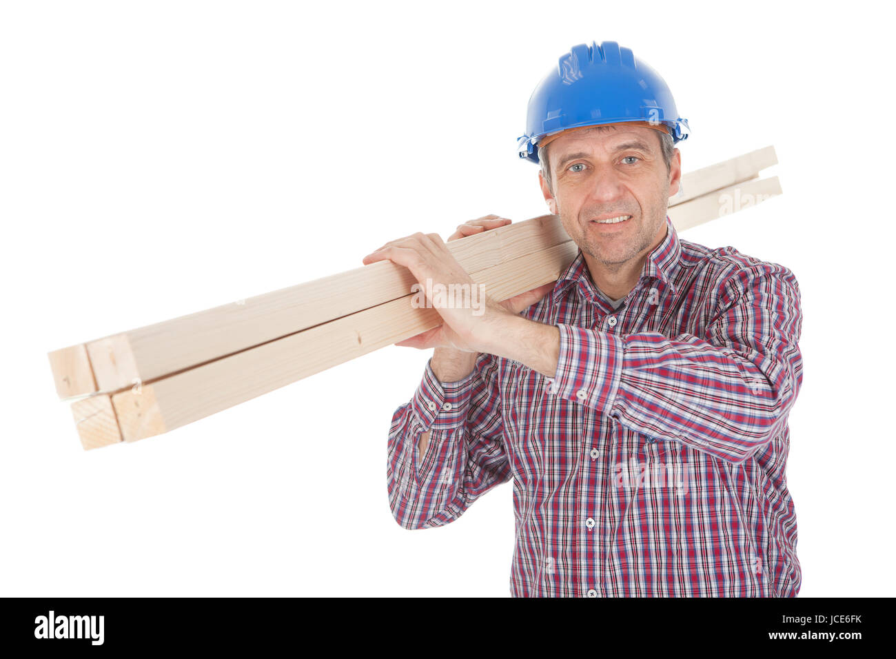 Portrait of builder carrying timber. Isolated on white Stock Photo - Alamy