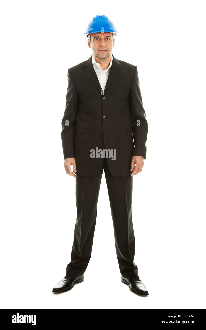 Full length portrait of successfull architect wearing blue hard hat ...