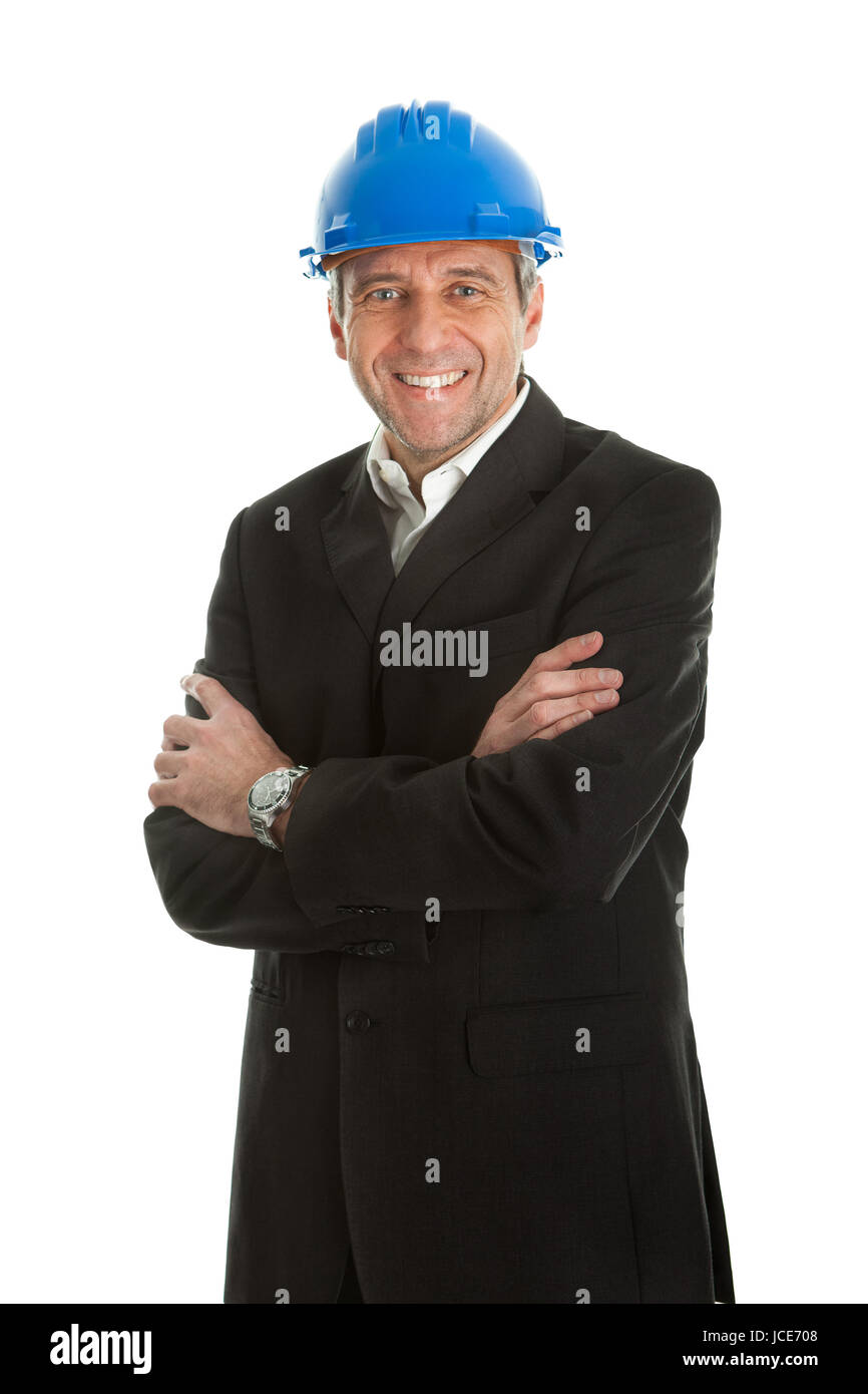 Portrait of successfull architect wearing blue hard hat. Isolated on ...