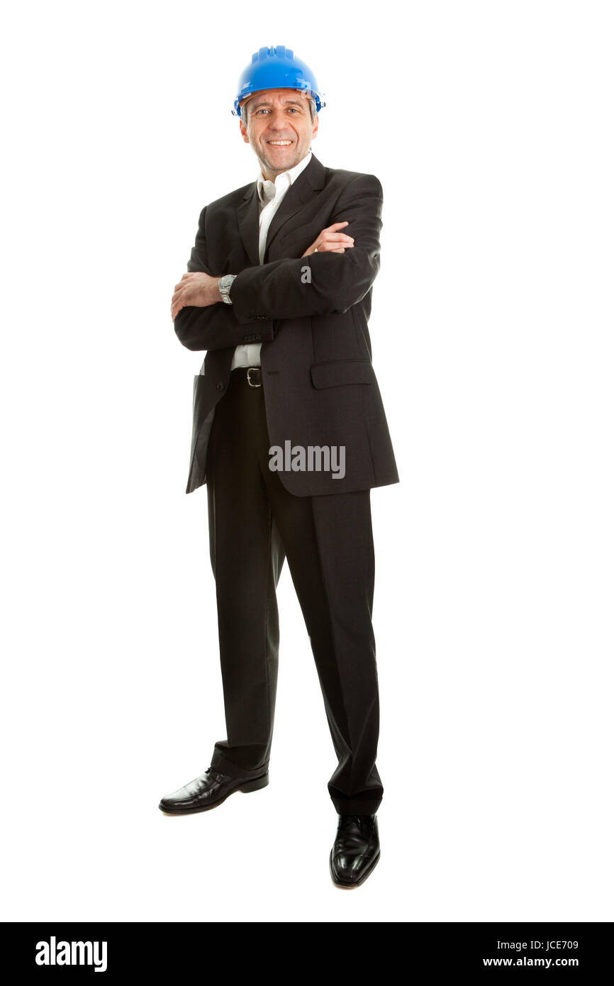 Full length portrait of successfull architect wearing blue hard hat ...