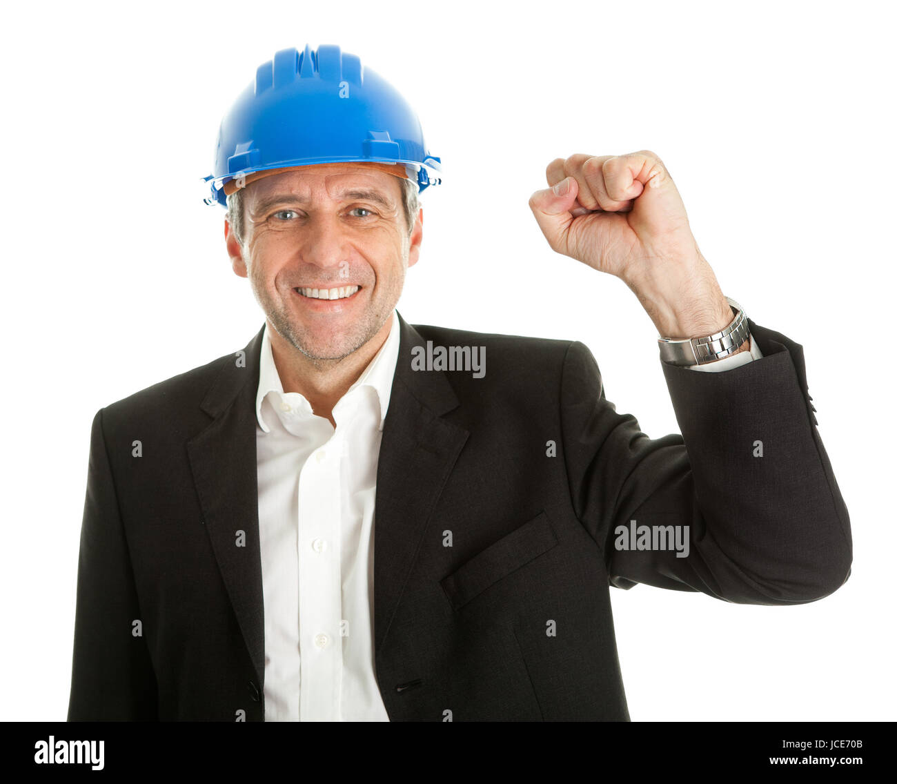 Full length portrait of successfull architect wearing blue hard hat ...