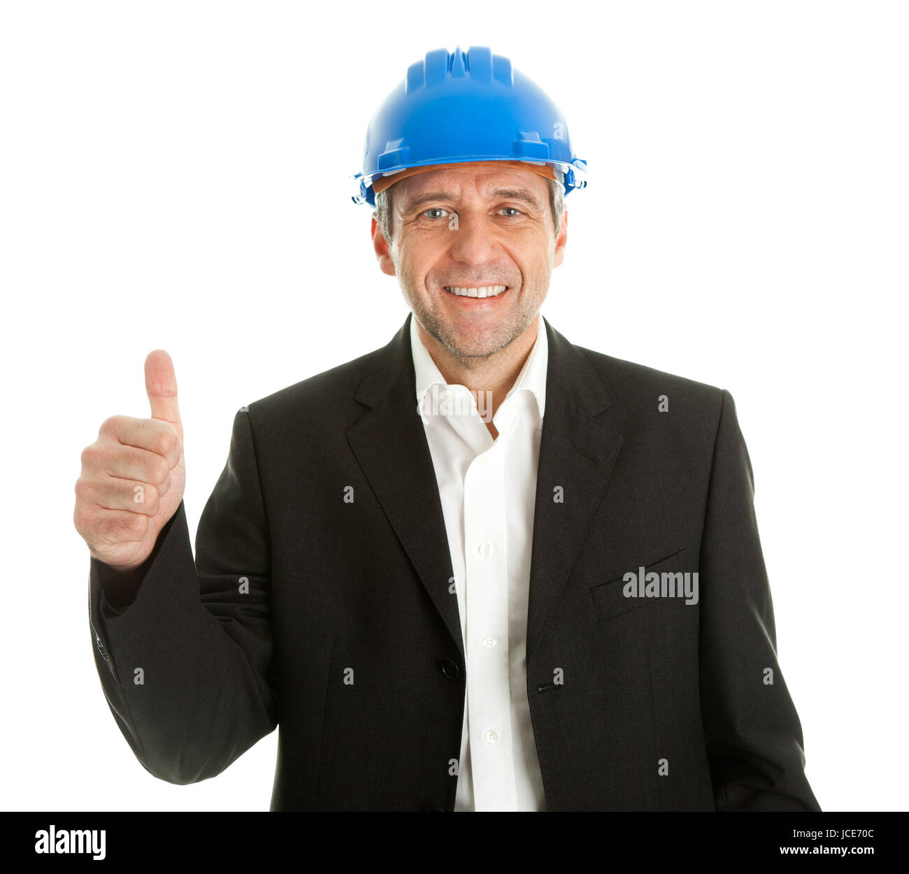 Portrait of successfull architect wearing blue hard hat. Isolated on ...