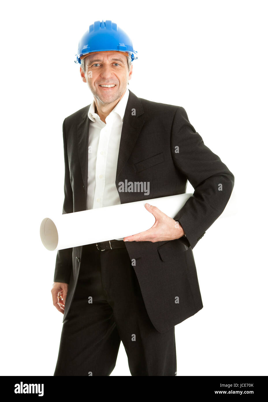 Portrait of successfull architect wearing blue hard hat and holding ...