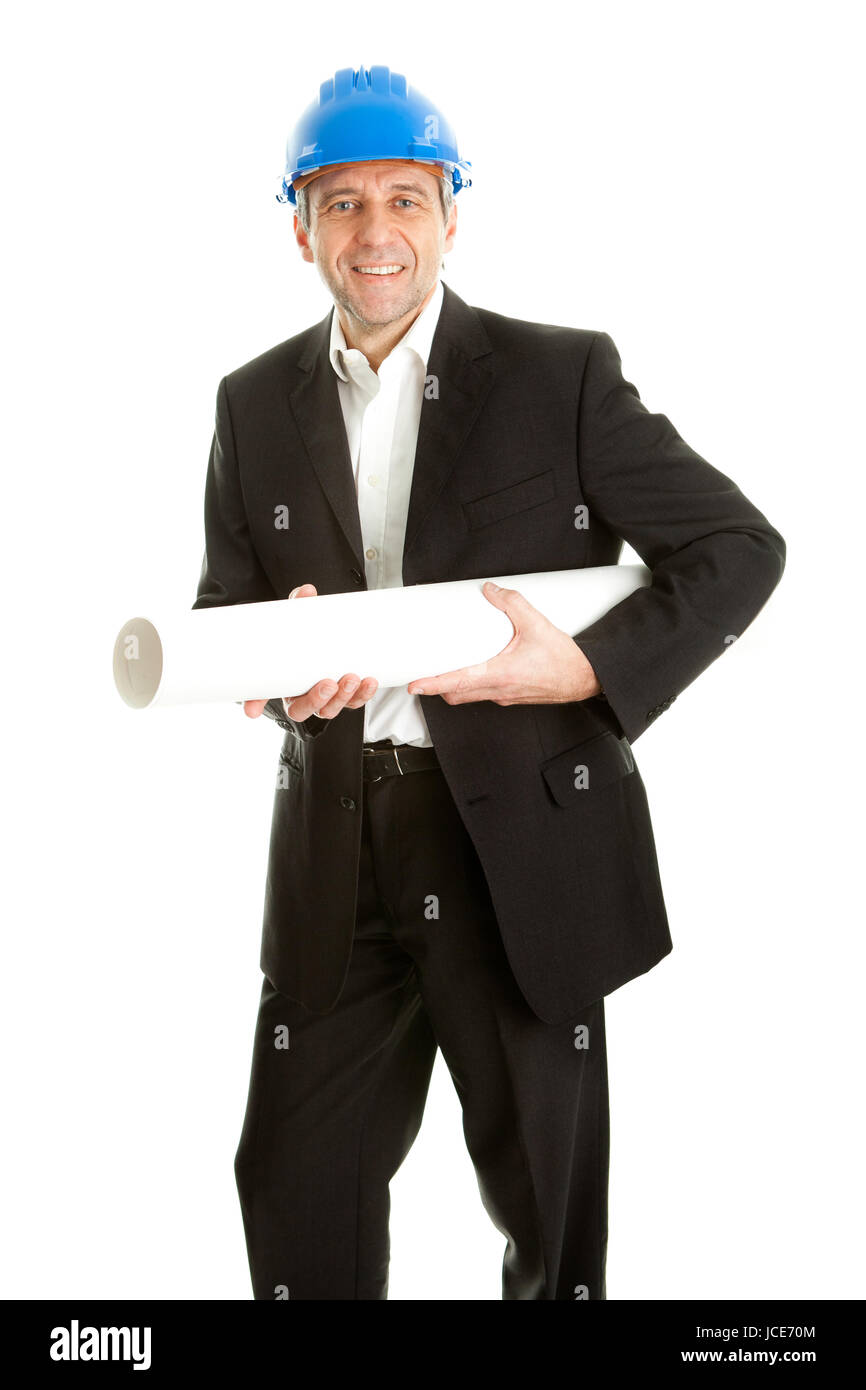 Portrait of successfull architect wearing blue hard hat and holding ...