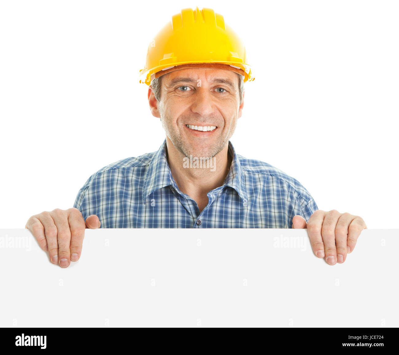 Confident worker presenting empty board. Isolated on white Stock Photo - Alamy