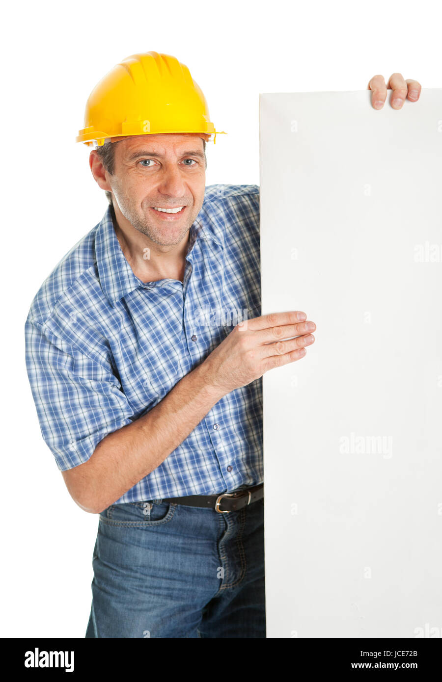 Confident worker presenting empty board. Isolated on white Stock Photo - Alamy